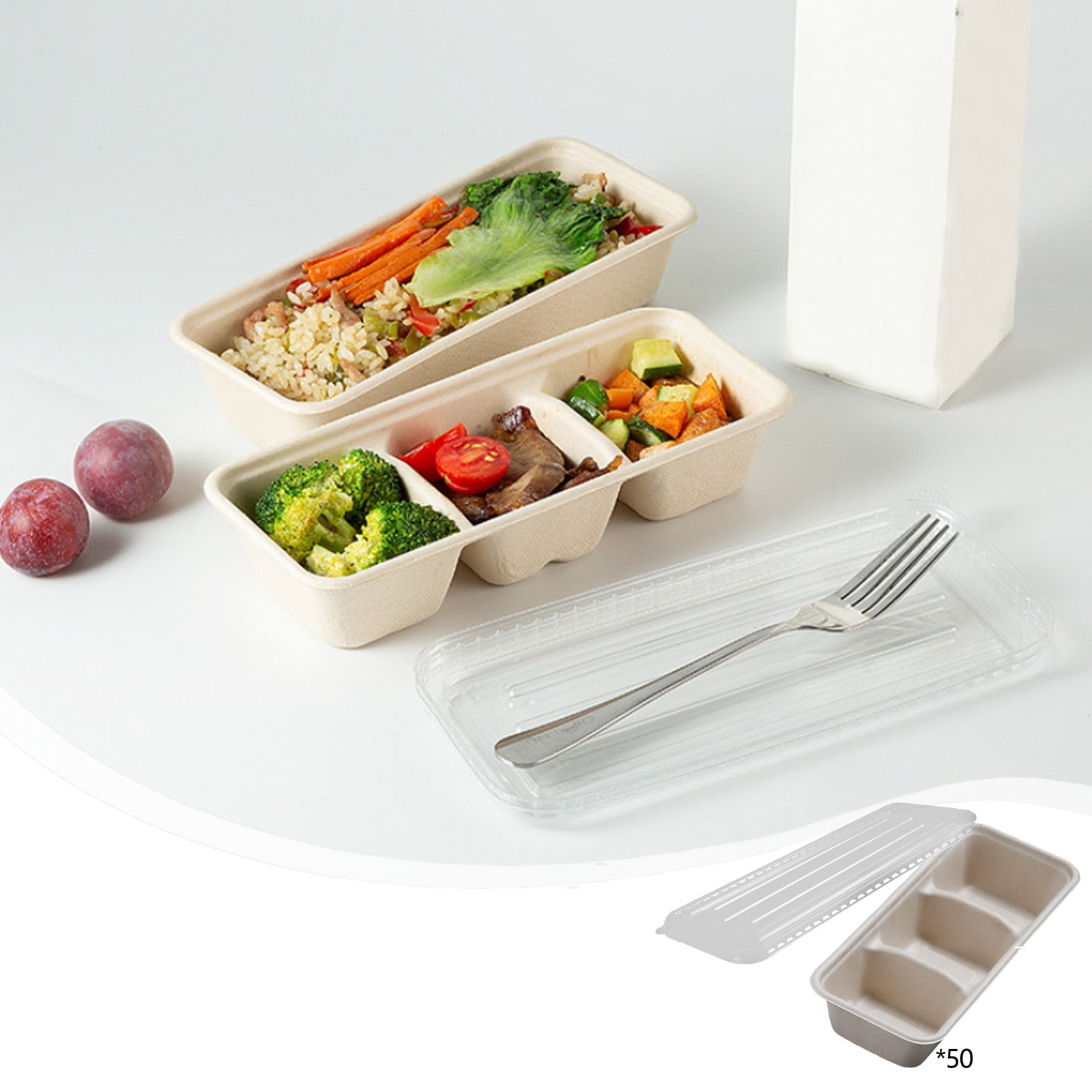 50 Pack Small Meal Prep Containers 3 Compartments with Lids, Disposable ...