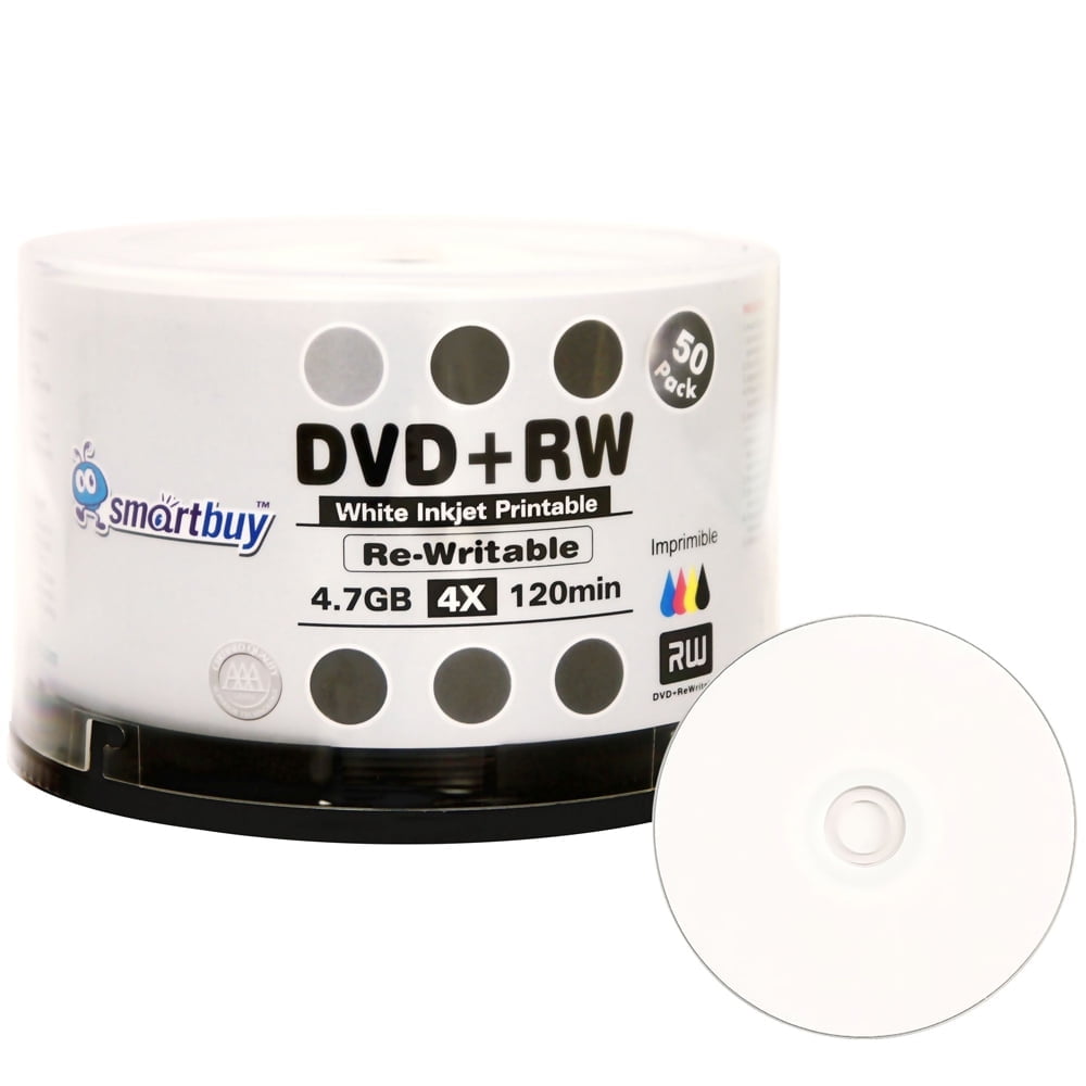 50 Pack Smartbuy Blank DVD+RW 4x 4.7GB 120Min White Inkjet Hub ...