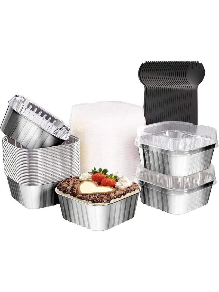 50-Pack Square Mini Cake Pans with Lids, 5oz Black & Gold Aluminum Foil ...