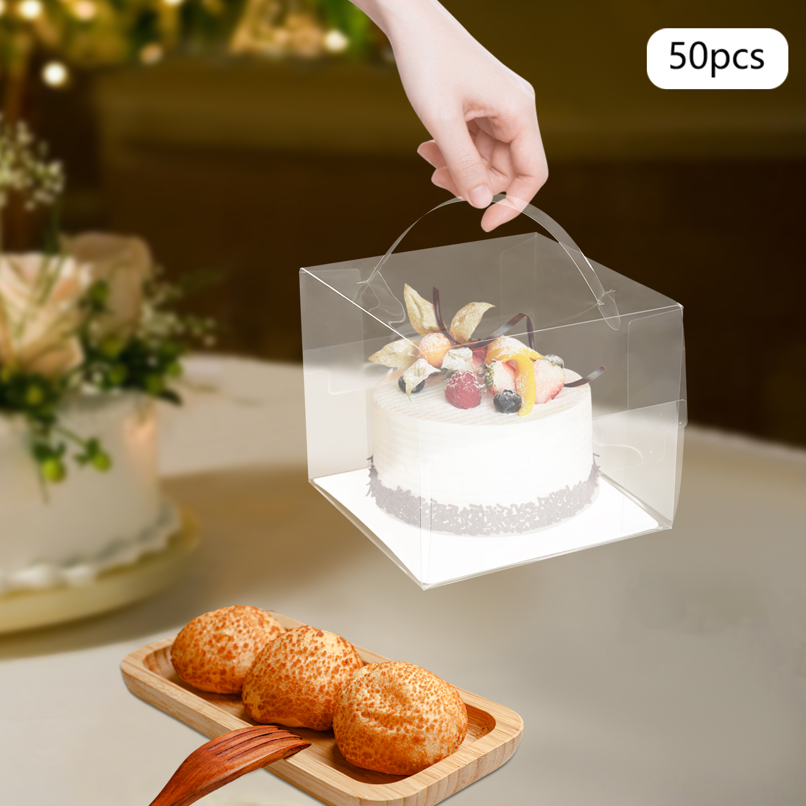50-Pack Transparent Cake Boxes with Food-Grade Base - 15x15x13cm for ...