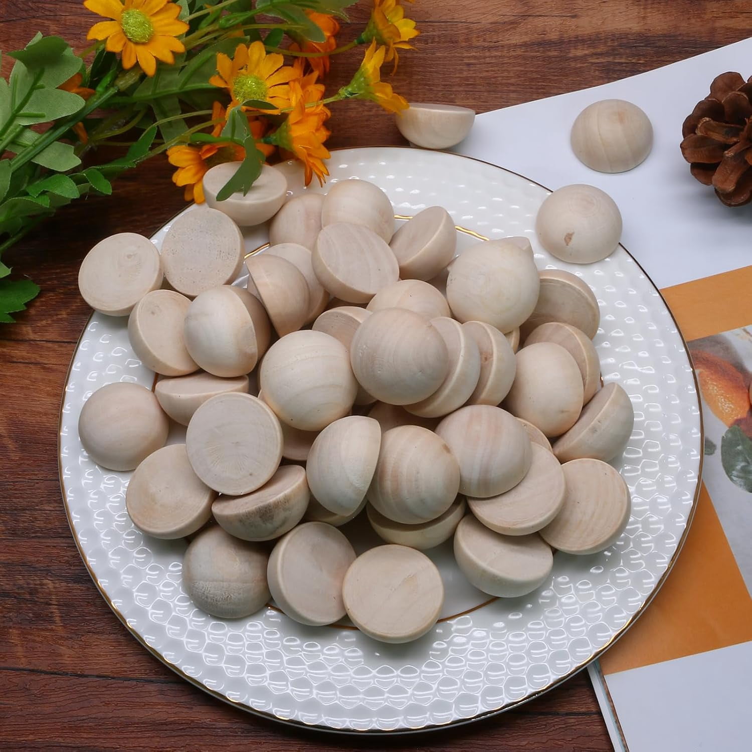 50 Pack Unfinished Wooden Beads - 30mm Half Round Wooden Beads and ...