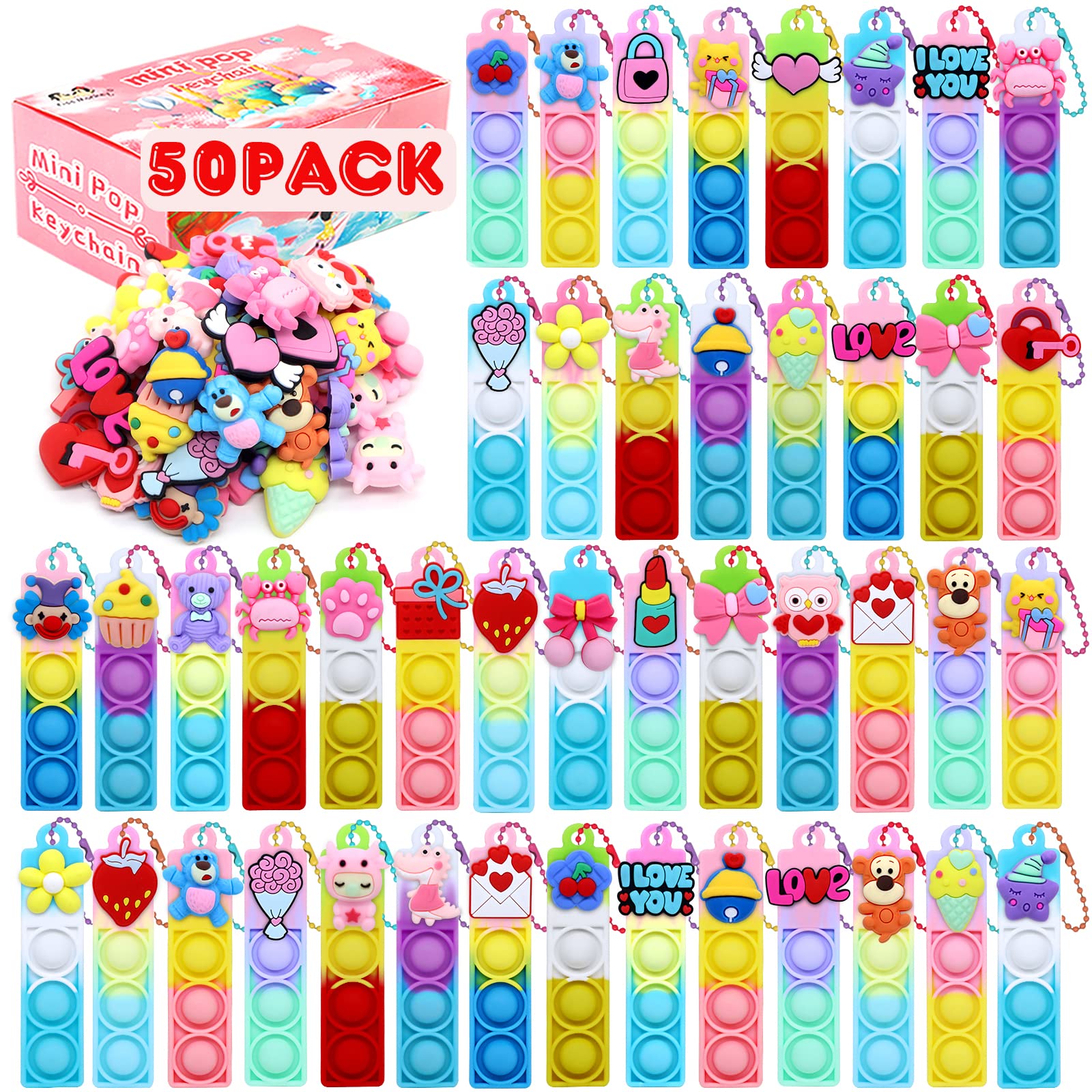 50 Pack Valentines Day Gifts for Kids,Valentines Mini Pop Keychain Toys ...