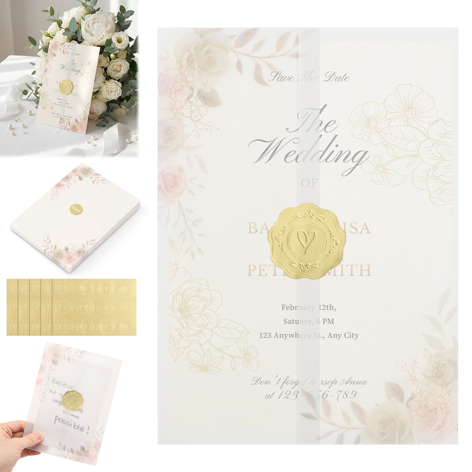 50 Pack Vellum Paper for Wedding Invitations 5x7inch Pre Folded Vellum ...