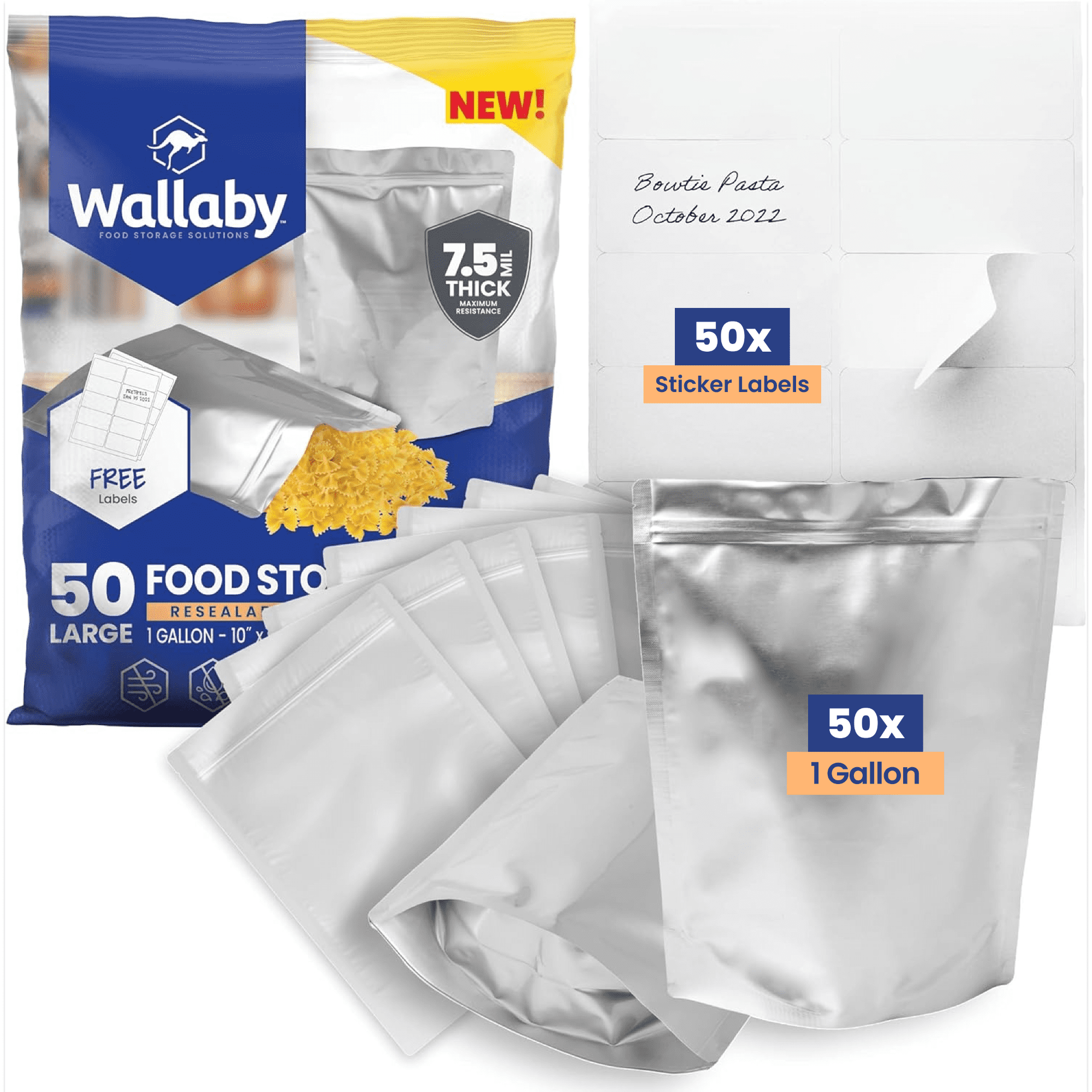 50 Pack Wallaby Gusset Mylar Bags for Food Storage, 1 Gallon (7.5 Mil ...