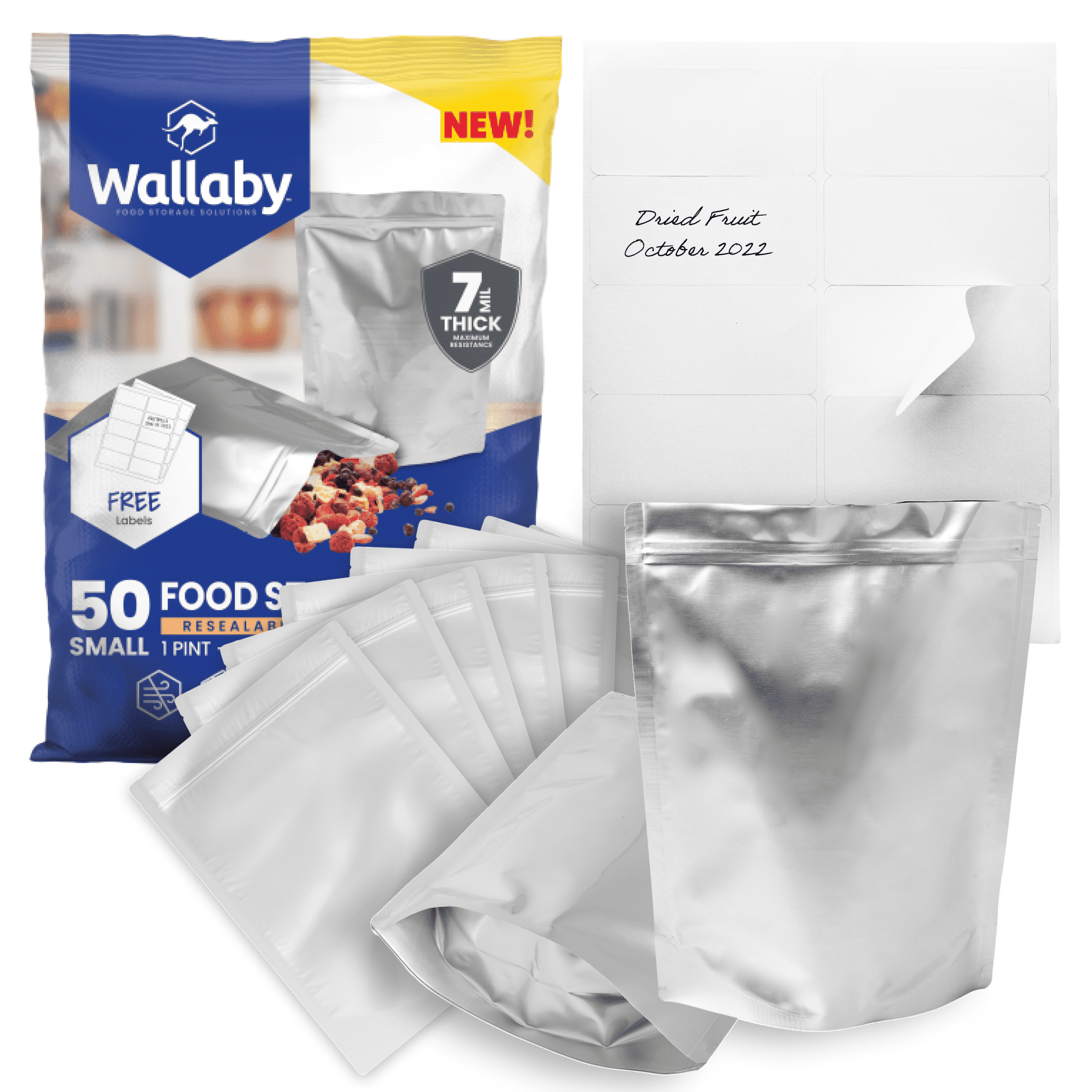 Wallaby Food Storage Mylar Bags, 1 Pint Gusseted Zipper Pouches, Silver ...