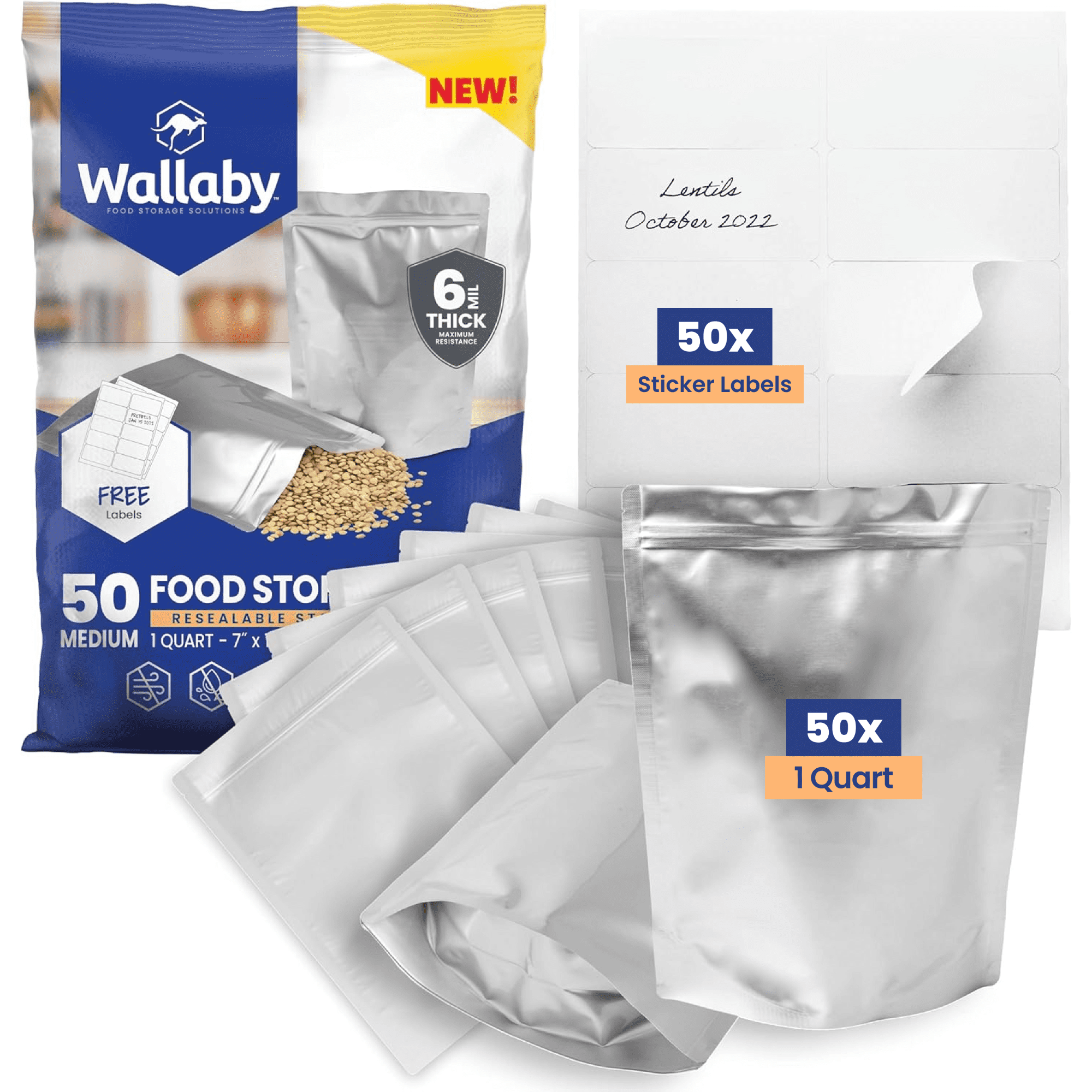50 Pack Wallaby Gusset Mylar Bags for Food Storage, 1 Quart (6 Mil - 7 ...