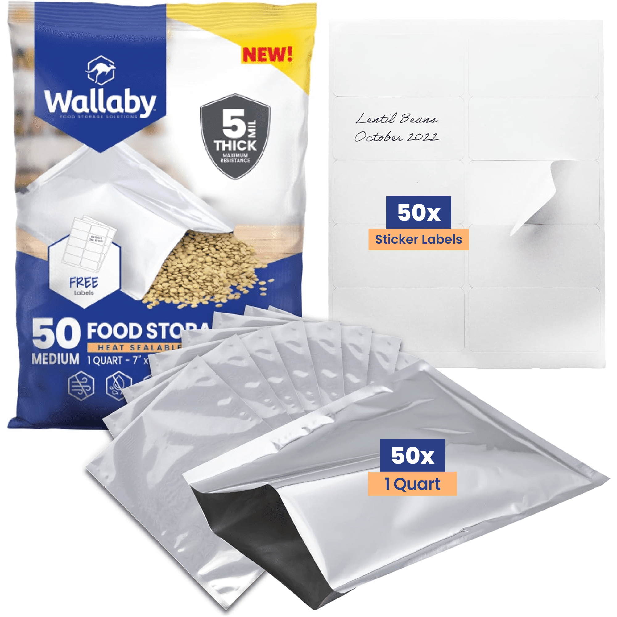 50 Pack Wallaby Mylar Bags for Food Storage,1-Quart (5 Mil - 7" x 10 ...
