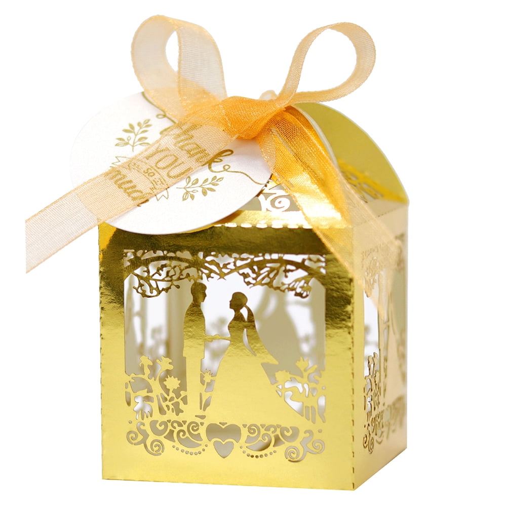 50 Pack Wedding Favor Boxes with Ribbon Hollow Cut Couple Design Party ...
