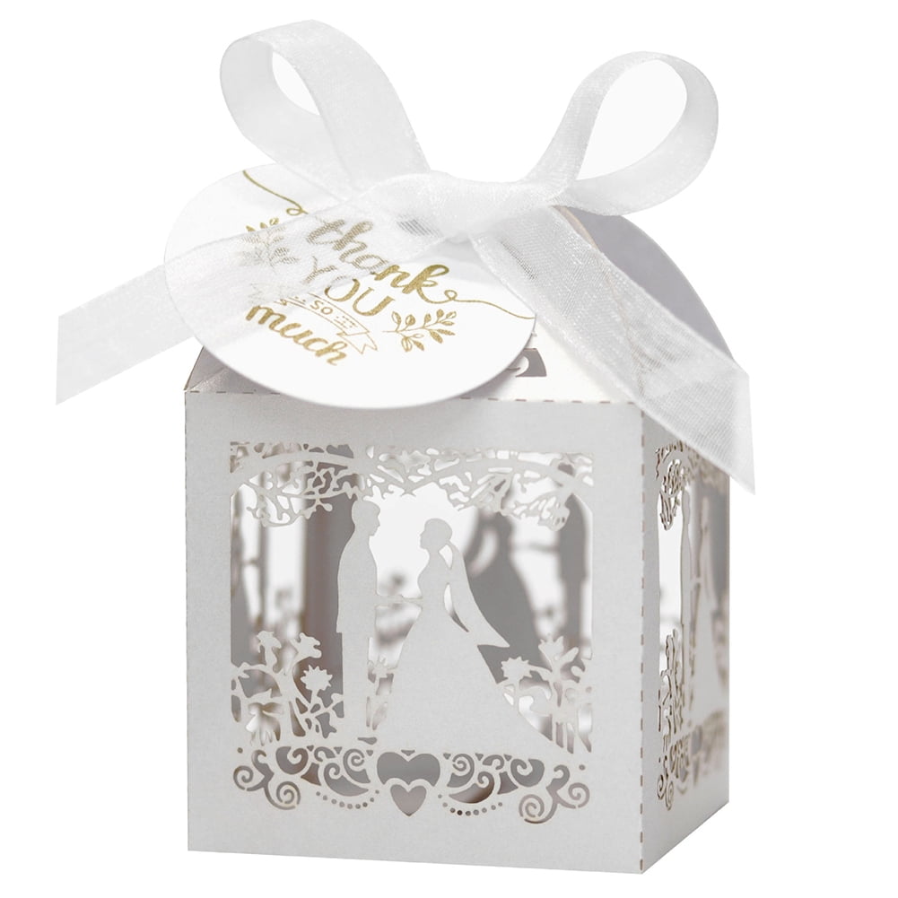 50 Pack Wedding Favor Boxes with Ribbon Hollow Cut Couple Design Party ...