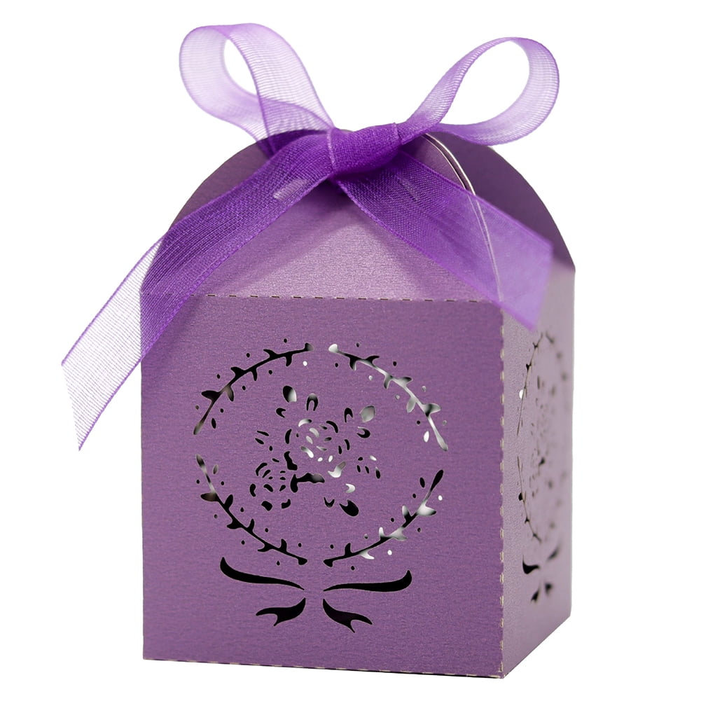 50 Pack Wedding Favor Boxes with Ribbon Hollow Floral Design Candy Gift Boxes for Wedding Party ...