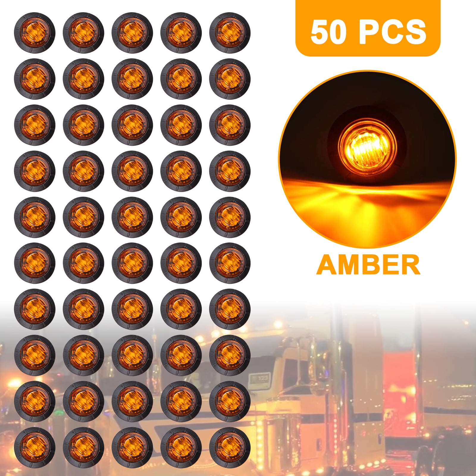 50 PCS LED Amber Round Marker Lights 3/4" 12V Truck Trailer Round Side ...