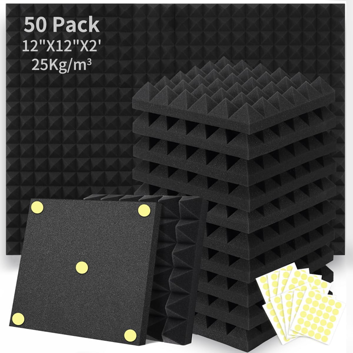 50 Packs Acoustic Foam Panels Pyramid 2"" X 12"" X 12"" High Density ...