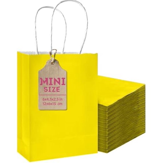 50-Packs Bright Yellow Paper Gift Bags with Handles Bulk 4.5"x2.5"x6 ...