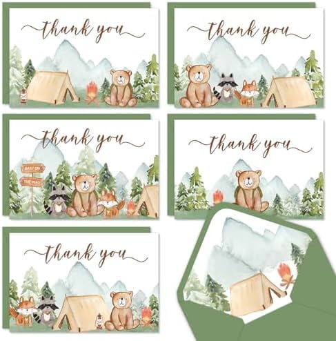 50 Packs Camping Animal Thank You Cards Watercolor Camp Tent Greeting ...
