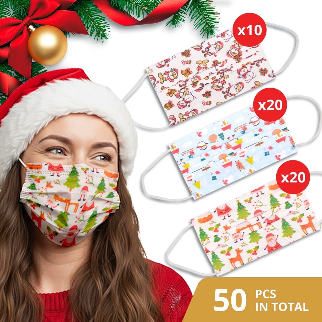 50 Packs Christmas Adults Disposable Face Masks, Individually Wrapped 3 ...
