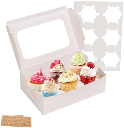 50 Packs Cupcake Boxes,9.4x6.1x3.14 Inches 6 Count Cupcake Box,White ...