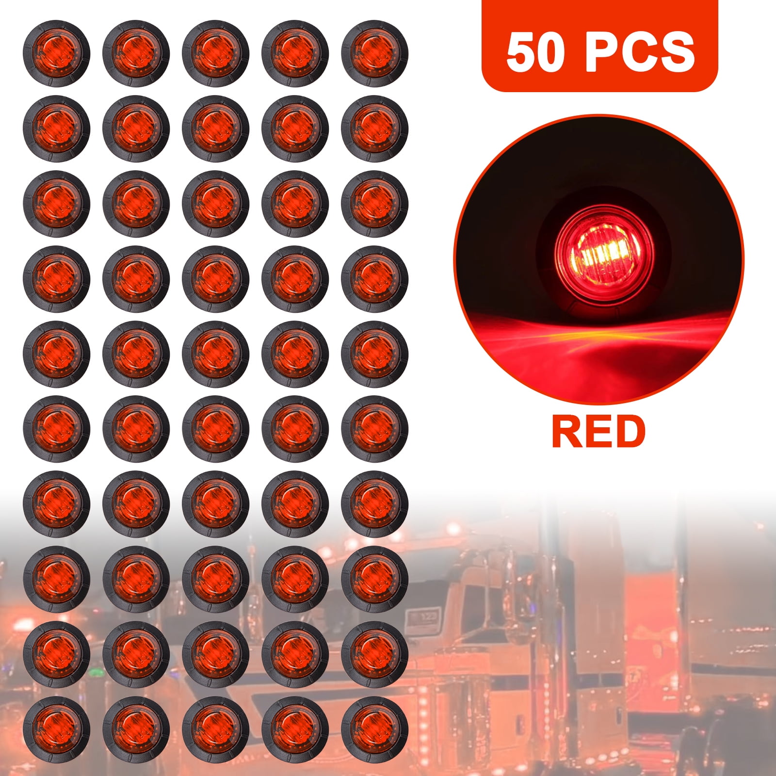 50 Packs Red Truck Marker Lights 3/4 Round Clearance LED Trailer Bullet ...