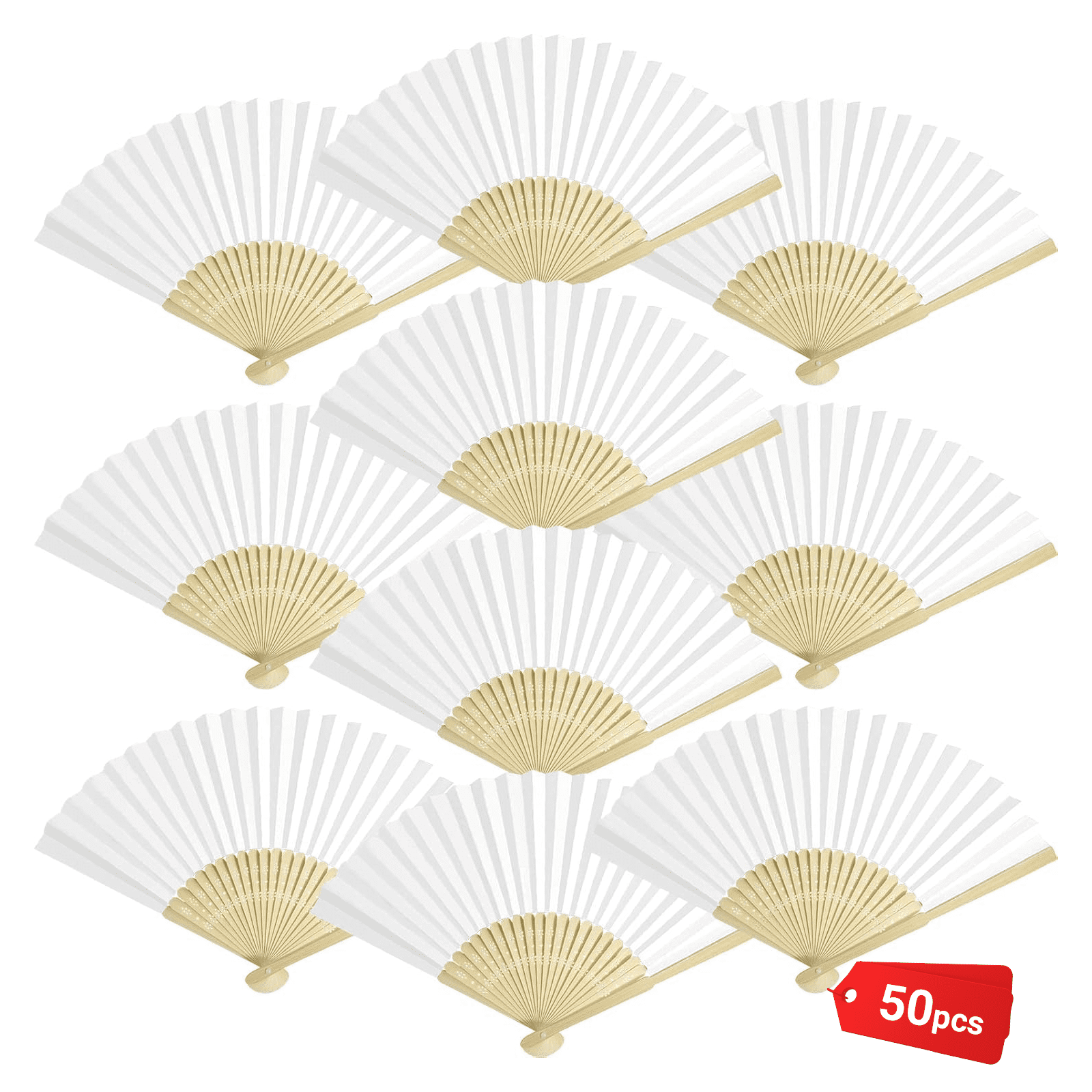 50 Packs White Paper Fans – Bamboo Folding Fan Handheld Hand Fan for ...