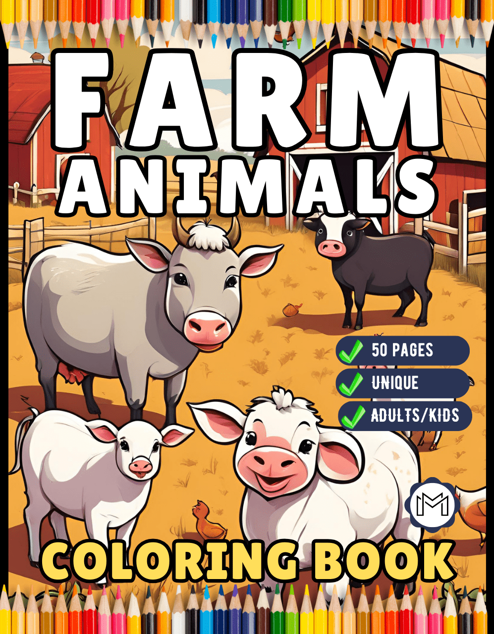 50 Pages Cute Farm Animals Coloring Book Gift for Adults Kids Men Women ...