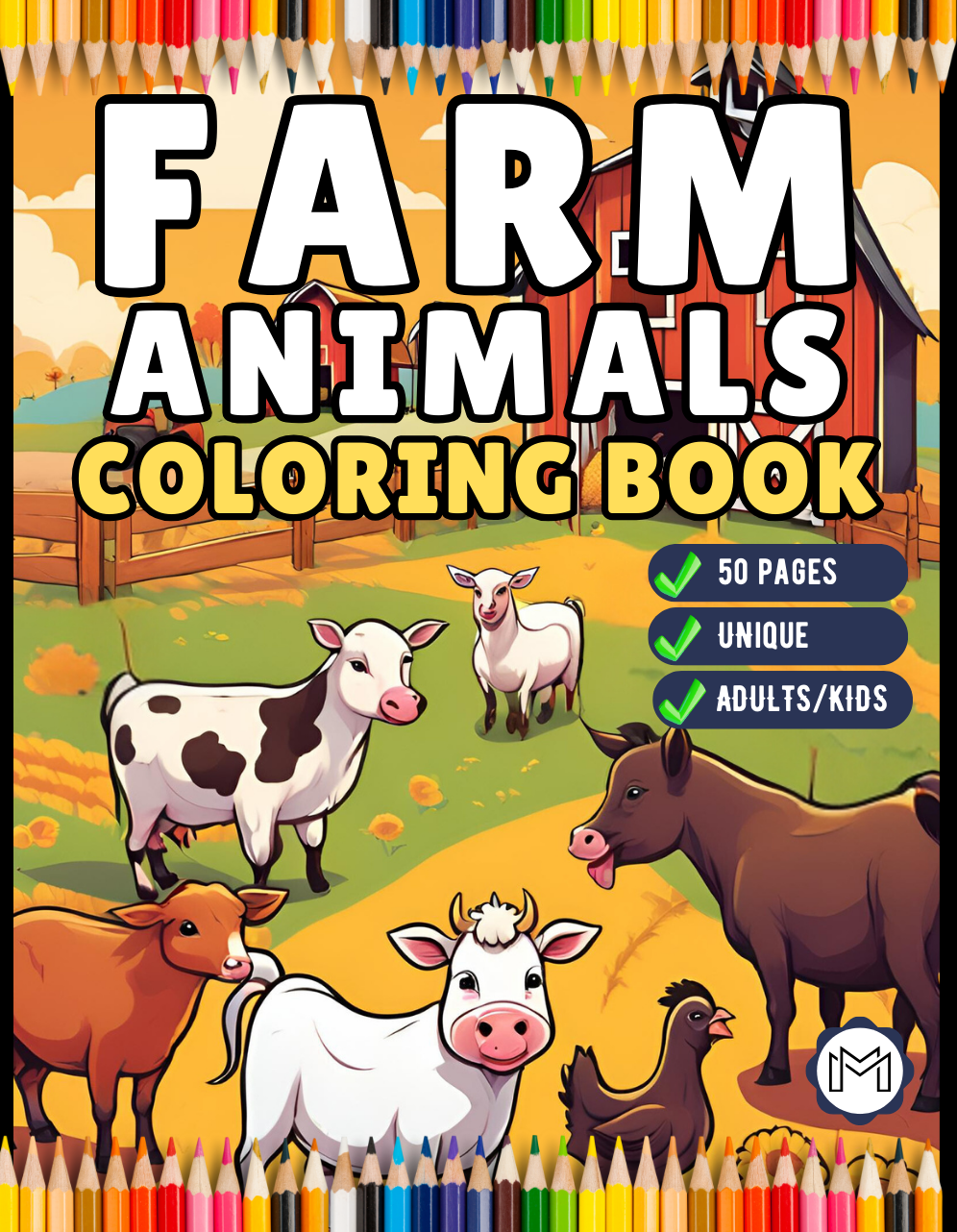 50 Pages Cute Farm Animals Coloring Book Gift for Adults Kids Men Women ...