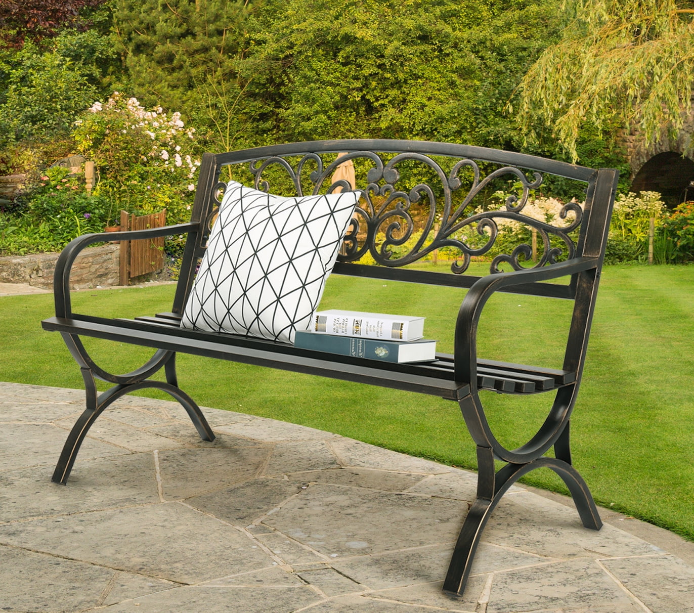 50 In Patio Garden Bench Outdoor Metal Loveseat Chairs Slatted Seat ...