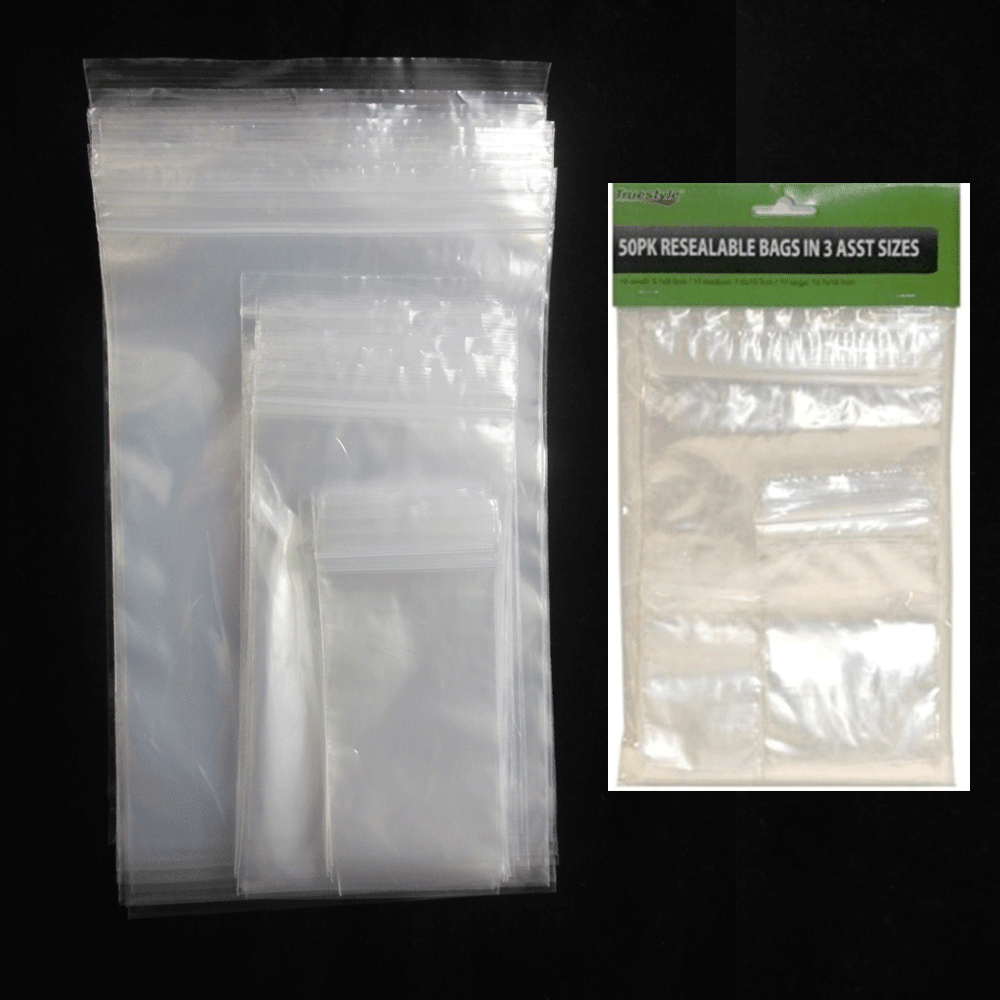 50 Pc Bag Plastic Clear Assorted Size Reclosable Poly Reusable Baggies ...