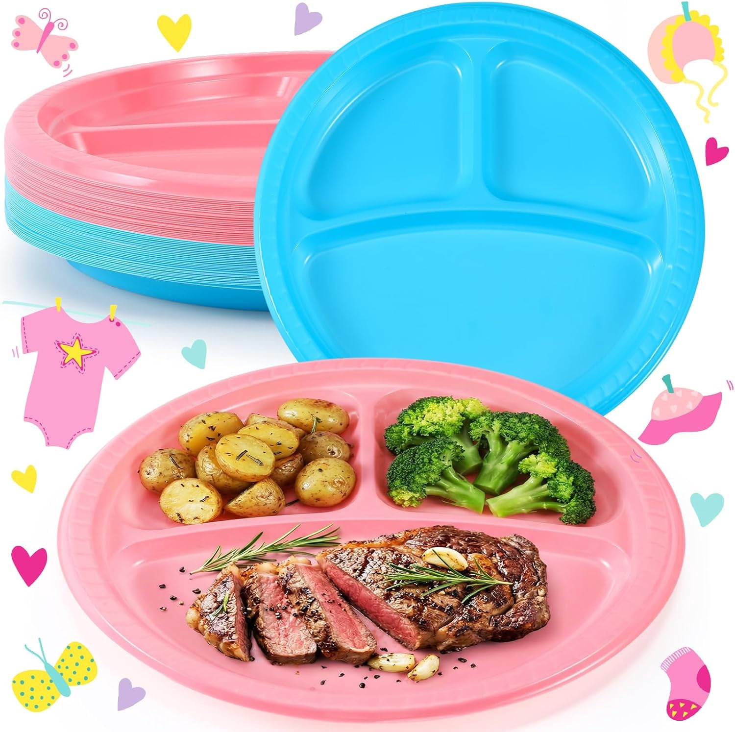 50 Pcs 10 Inch Plastic 3 Compartment Divided Plates Heavy Disposable ...