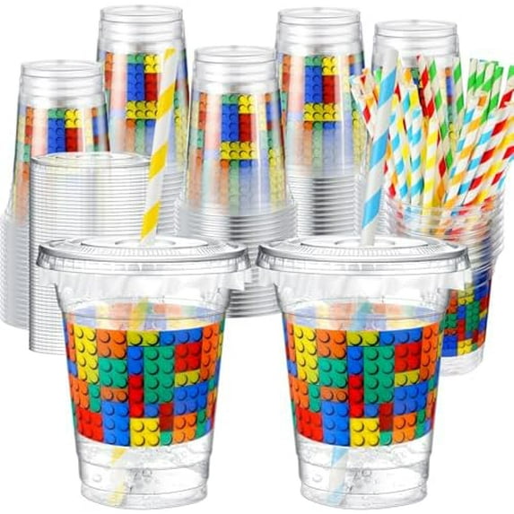 50 Pcs 12 oz Disposable Plastic Cups with Straws, Lids and Leakproof ...