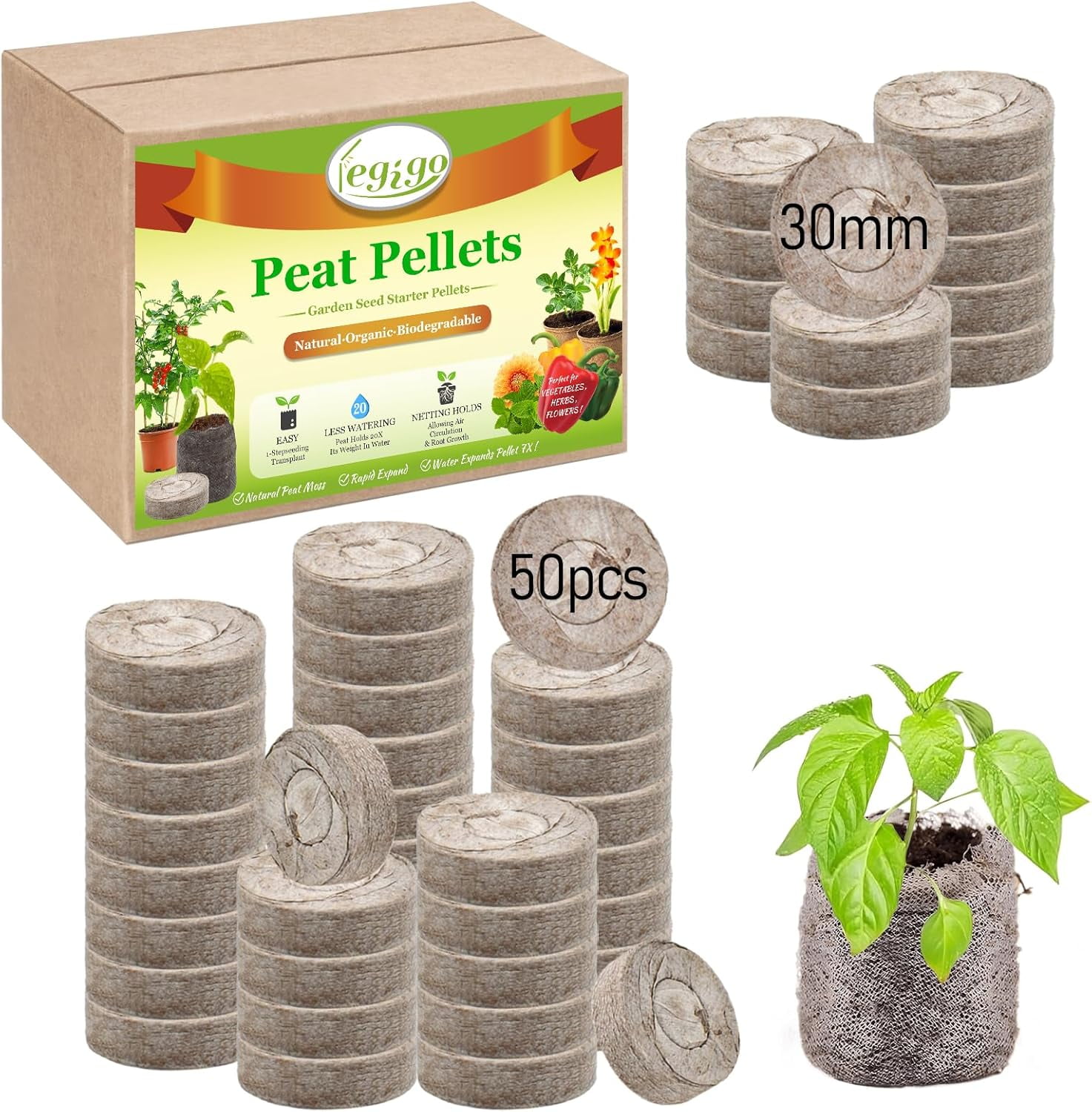50 Pcs 30mm Seed Starter Peat Pellets Pods for Seedlings- Compressed ...