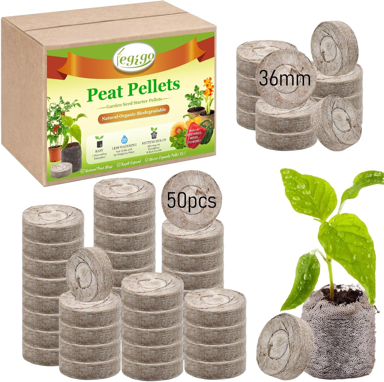 50 Pcs 36mm Seed Starter Peat Pellets Pods for Seedlings- Compressed ...