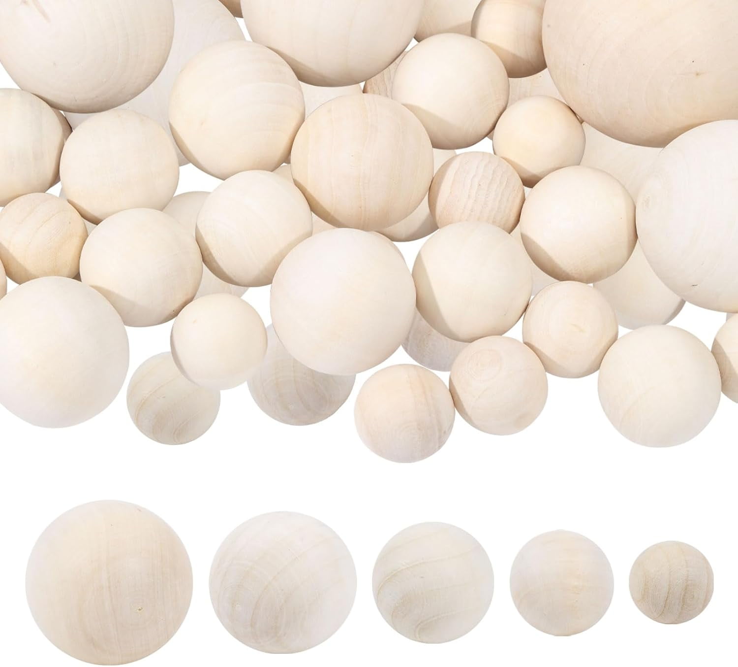 50 Pcs 5 Styles Wooden Round Ball Crafts Round Wooden Ball Natural ...