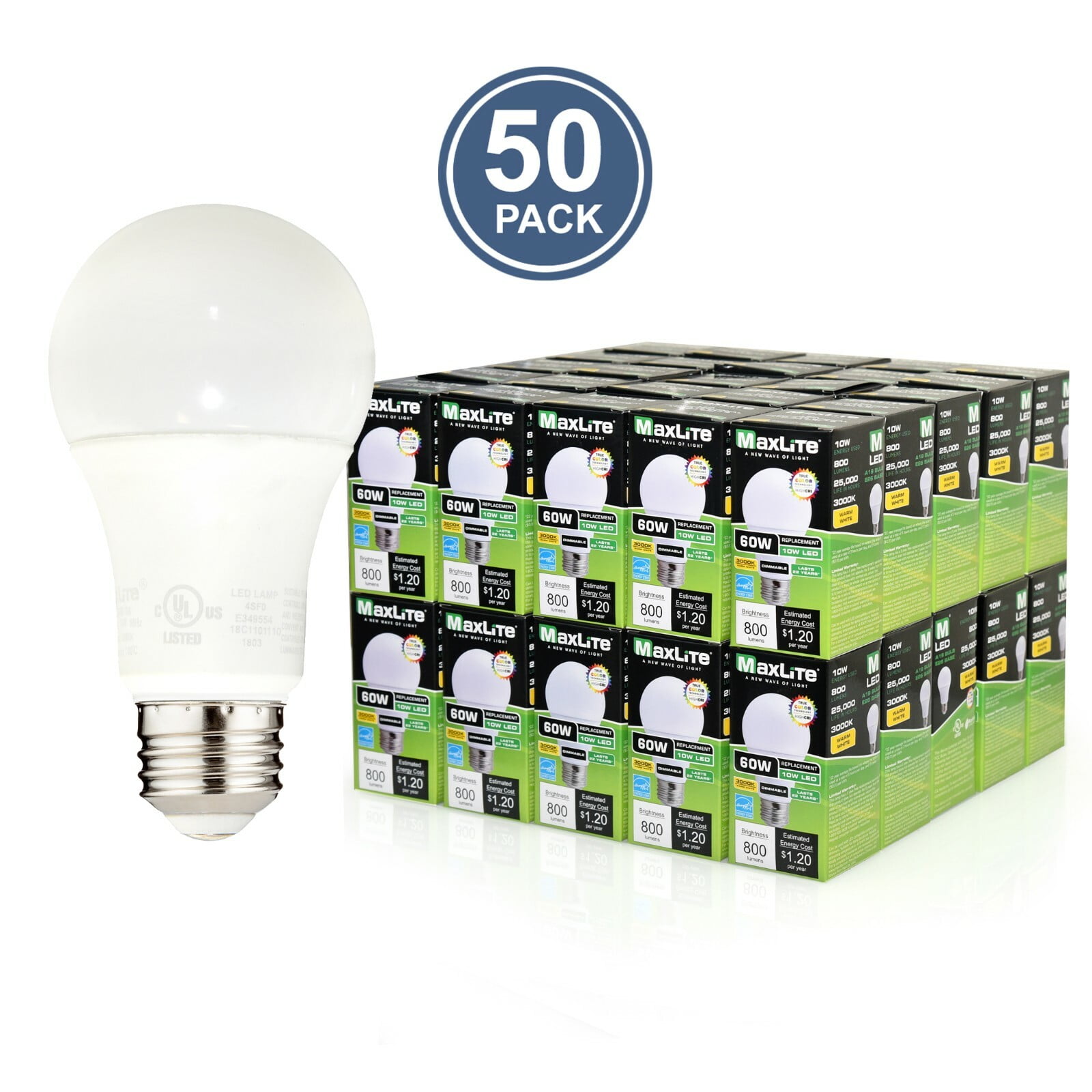 50 Pcs A19 LED Bulbs 3000K Warm White Lamp , 10W LED = 60W Normal Light ...