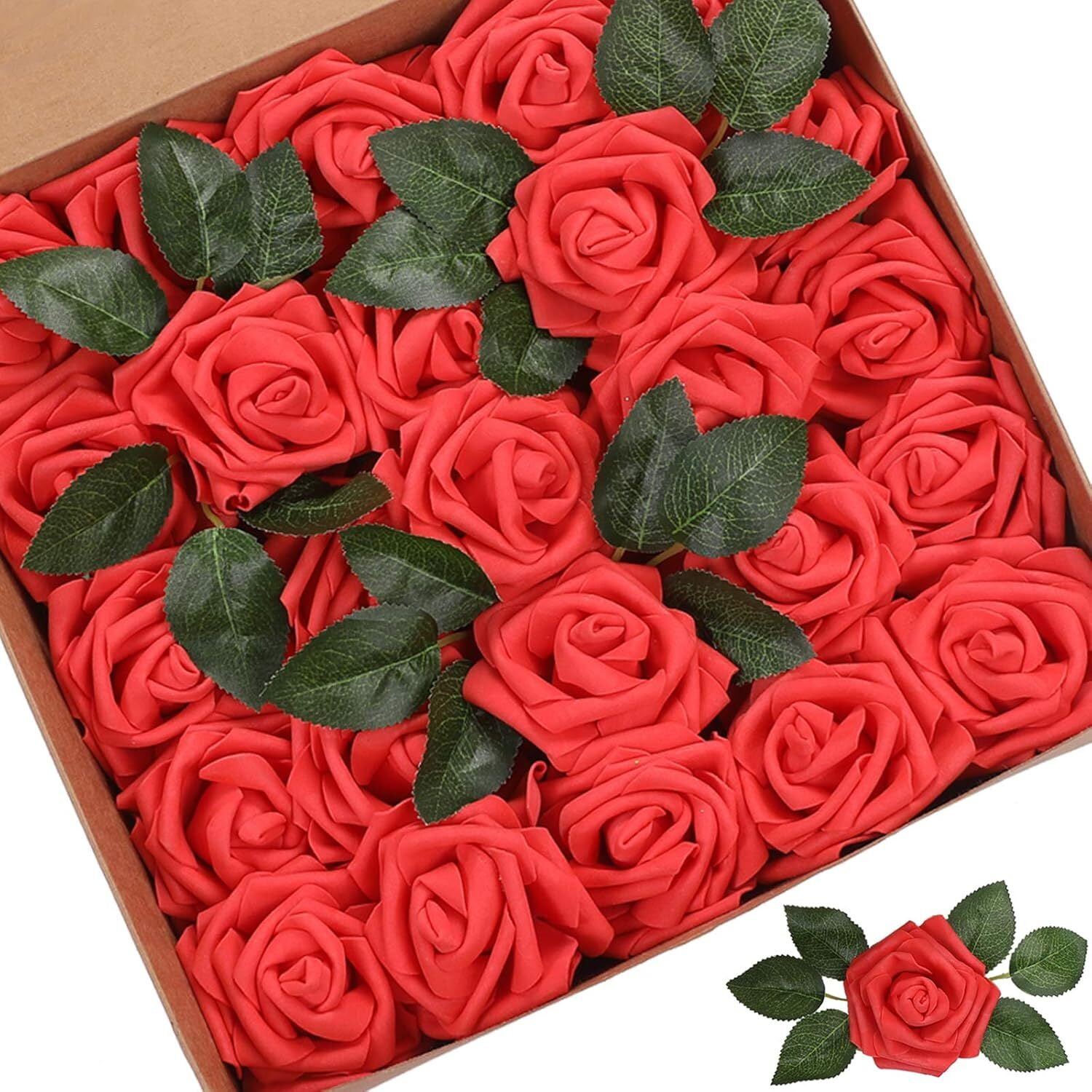 50 Pcs Artificial Flowers,Red Flowers,Fake Roses with Stems, Boxed Red ...