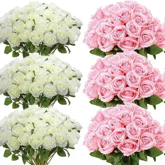 50 Pcs Artificial Rose Flower Silk Roses Bouquet Real Looking Fake ...
