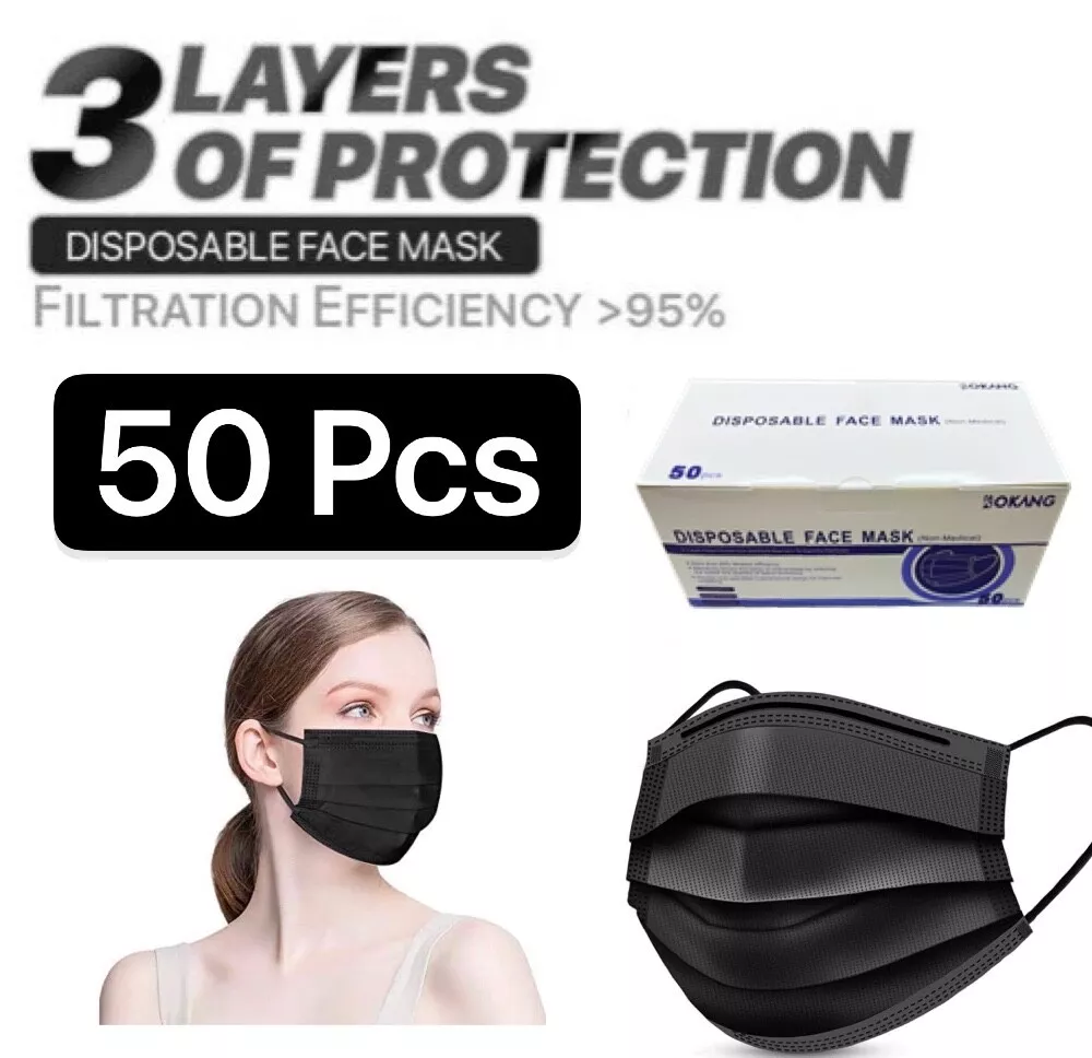 (50 Pcs)Black 3-Ply Disposable Protective Face Mask Earloop Mouth Cover ...