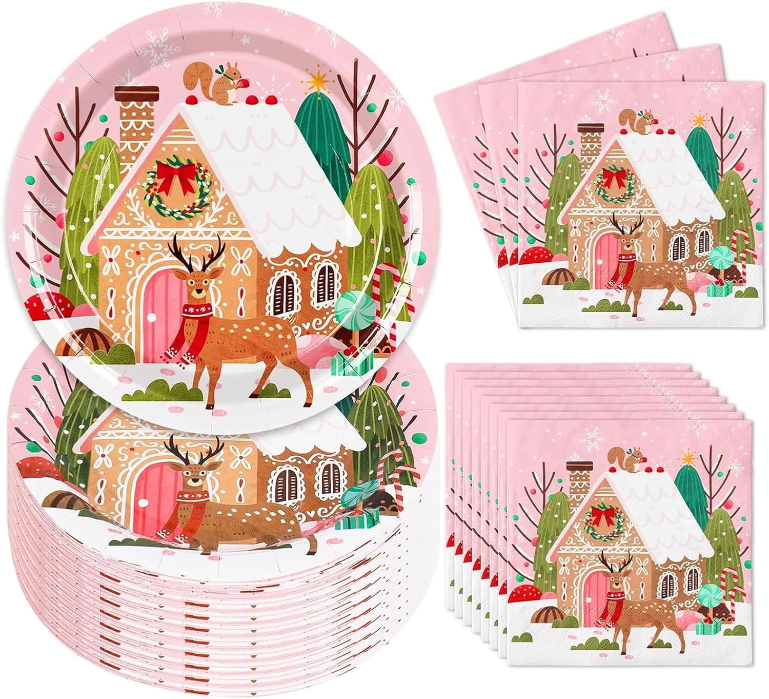 50 Pcs Christmas Party Supplies Pink Gingerbread House Reindeer ...