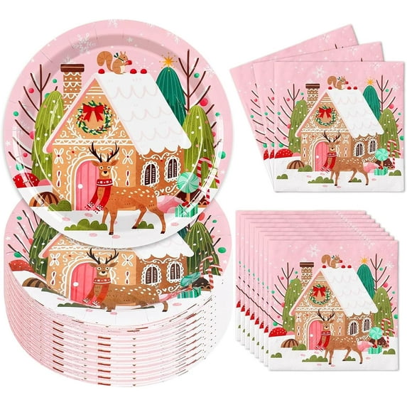 50 Pcs Christmas Party Supplies Pink Gingerbread House Reindeer ...
