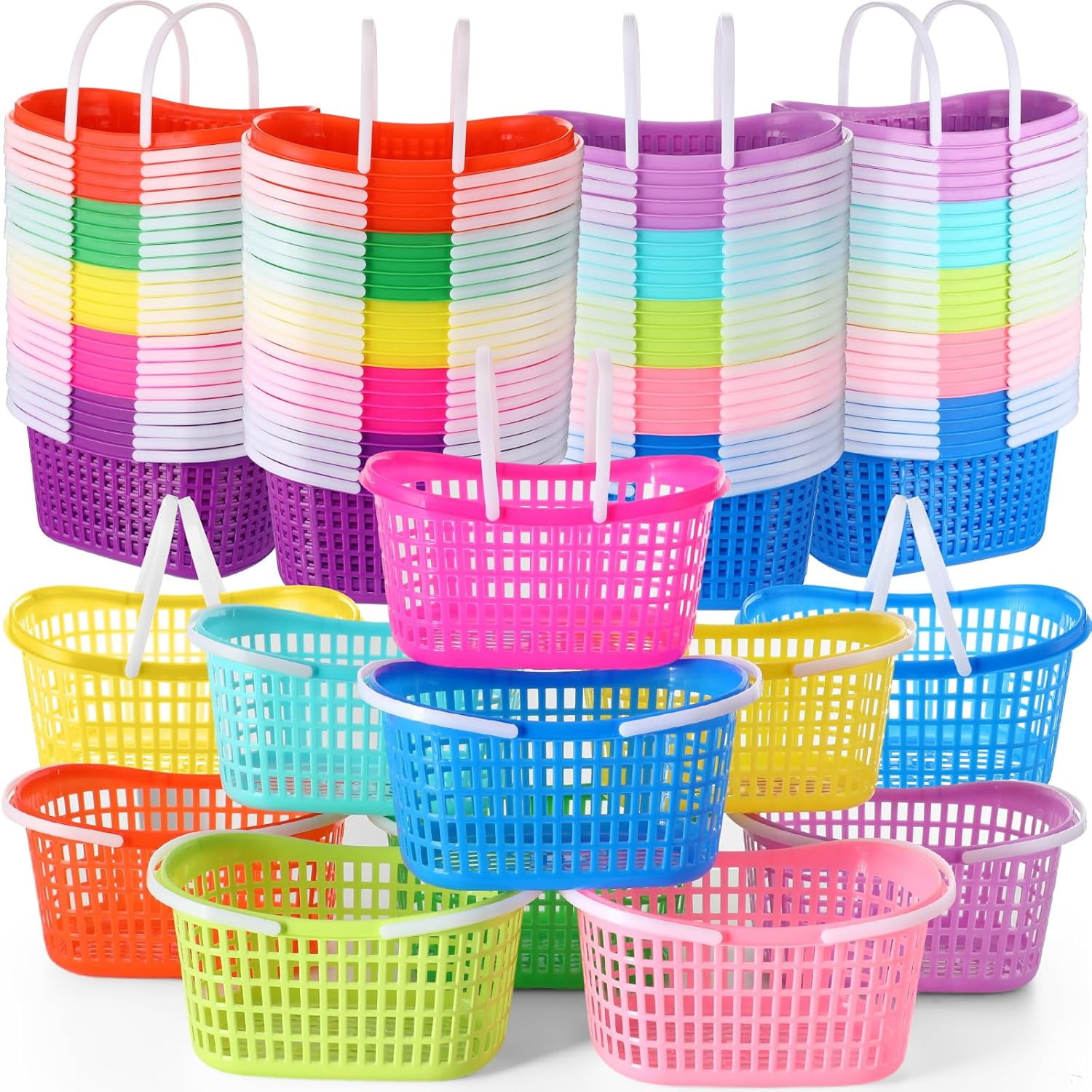 50 Pcs Easter Baskets Bulk Colorful Plastic Eggs Basket with Handles ...