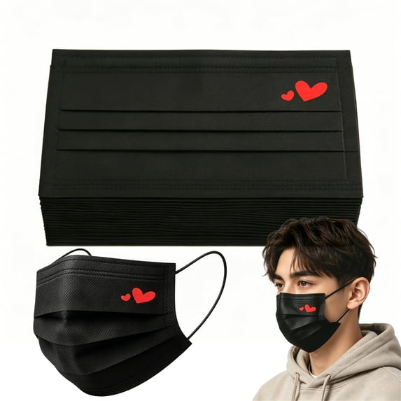 50 Pcs Face Masks Bulk Black Disposable Masks with Hearts Printed ...