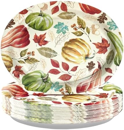 50 Pcs Fall Oval Paper Plates 10"x12"Large Vintage Red Green Pumpkin ...