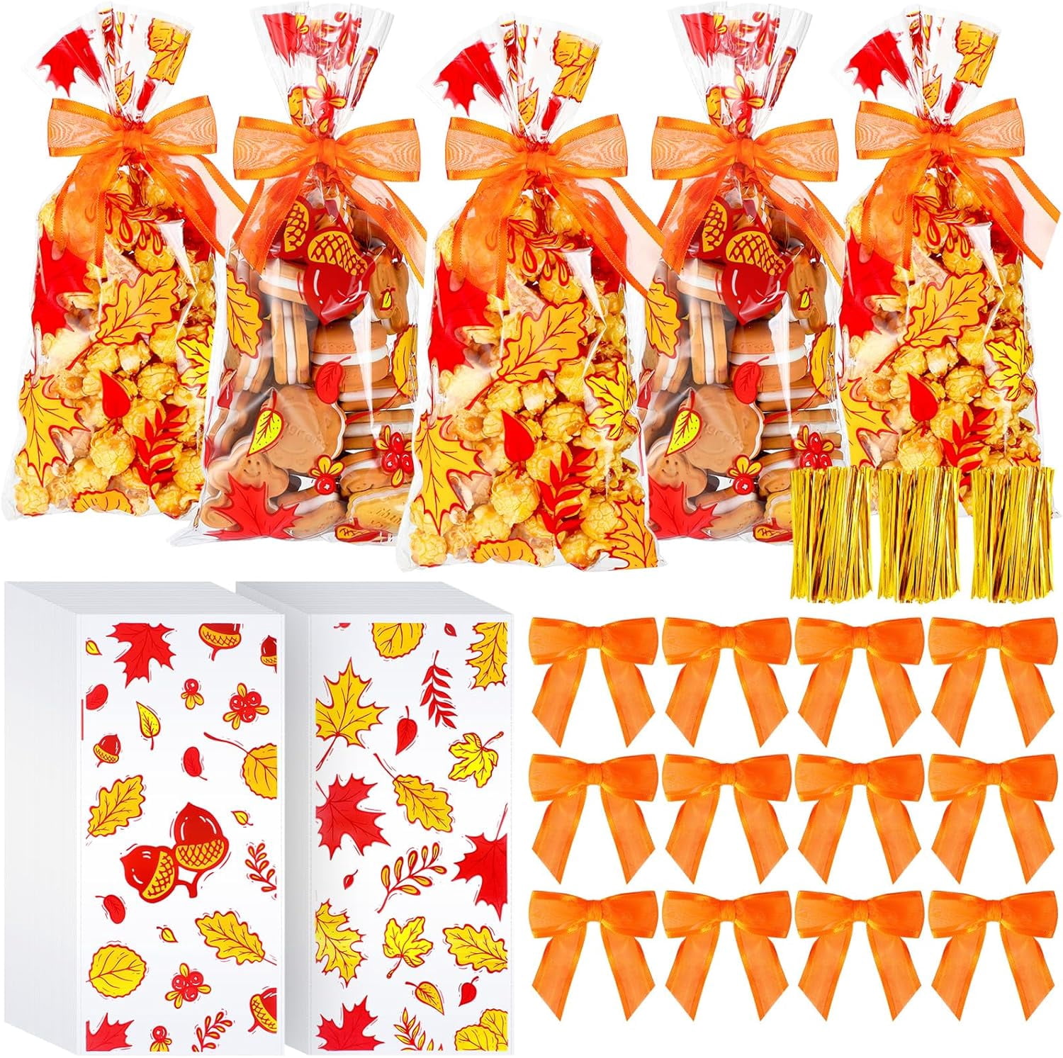 50 Pcs Fall Treat Bags with 50 Pcs Twist Tie Bows Cellophane Candy Bags ...