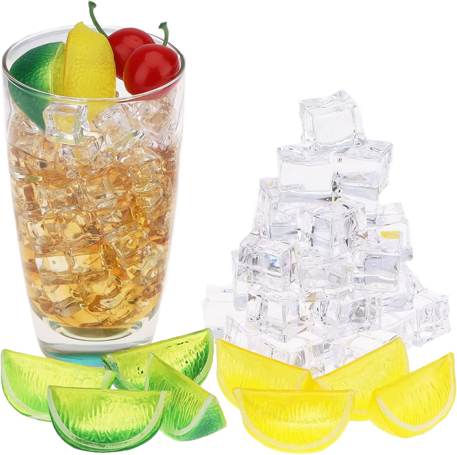 50 Pcs Faux Acrylic Ice Cubes+ 8pcs Simulation Lemon Limes Blocks ...