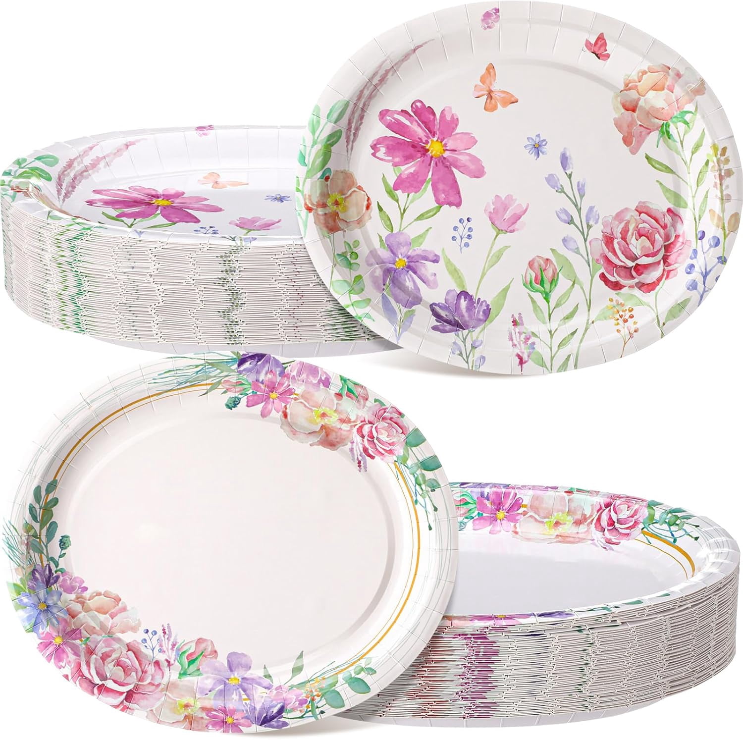 50 Pcs Floral Oval Paper Plates, 10" x 12" Disposable Dinner Serving ...