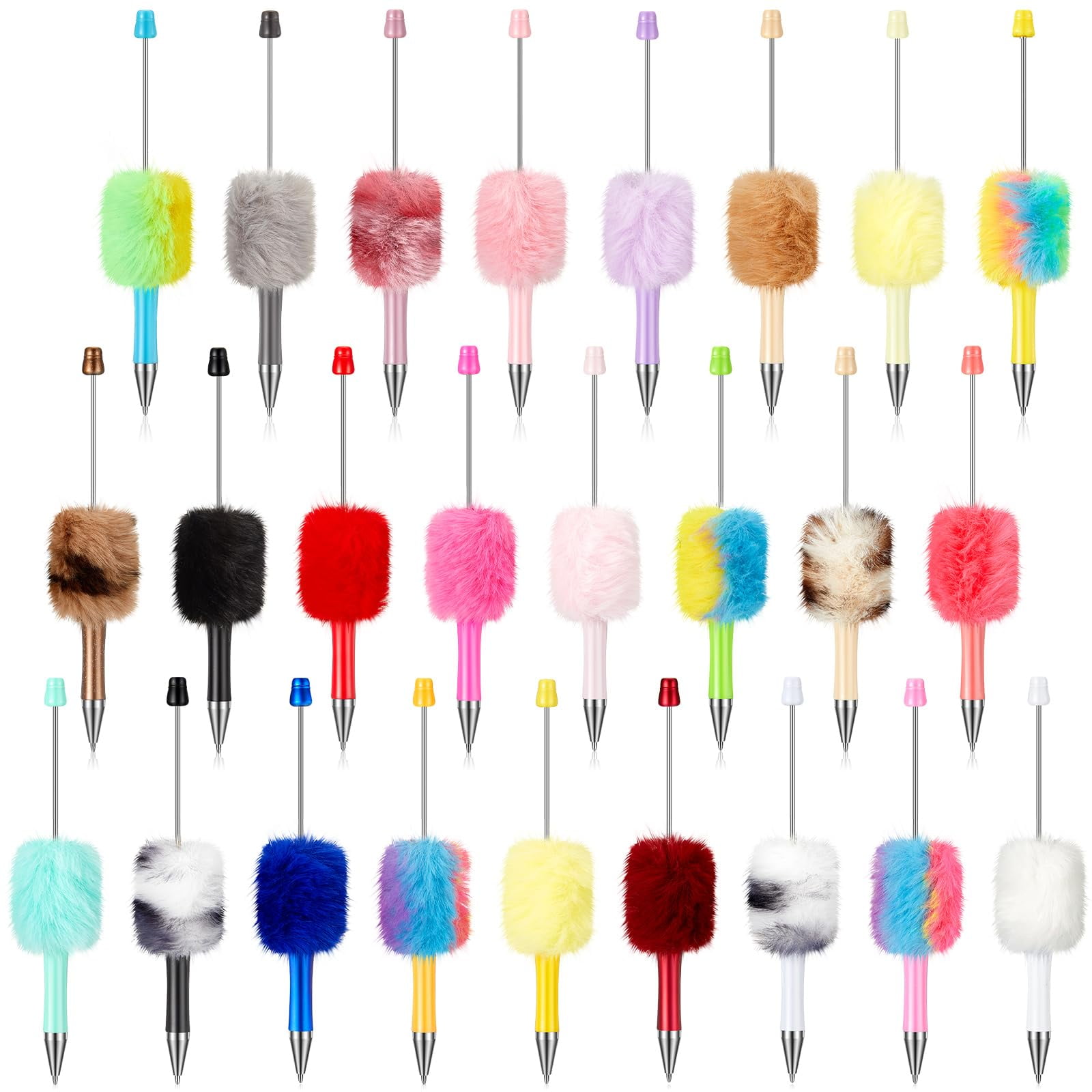 50 Pcs Fluffy Beadable Pens Bulk 25 Colors Cute Plush Ball Beaded Pens ...