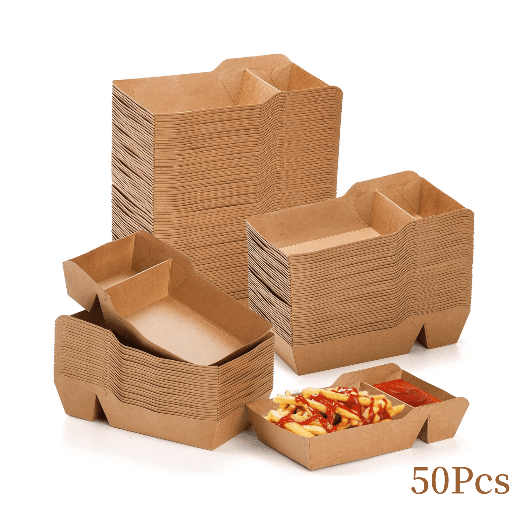 50 Pcs Food Serving Tray with Dip Pocket Paper Boats Fast Food Holder ...