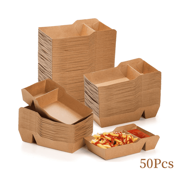 50 Pcs Food Serving Tray with Dip Pocket Paper Boats Fast Food Holder ...