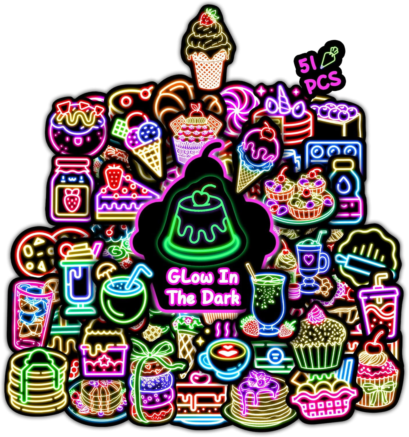 50 Pcs Glow in The Dark Kids Sweet Treats Neon Stickers, Teens Cute ...