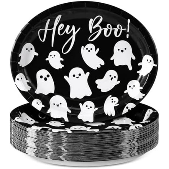 50 Pcs Halloween Oval Paper Plates Hey Boo Large 11" Disposable White ...