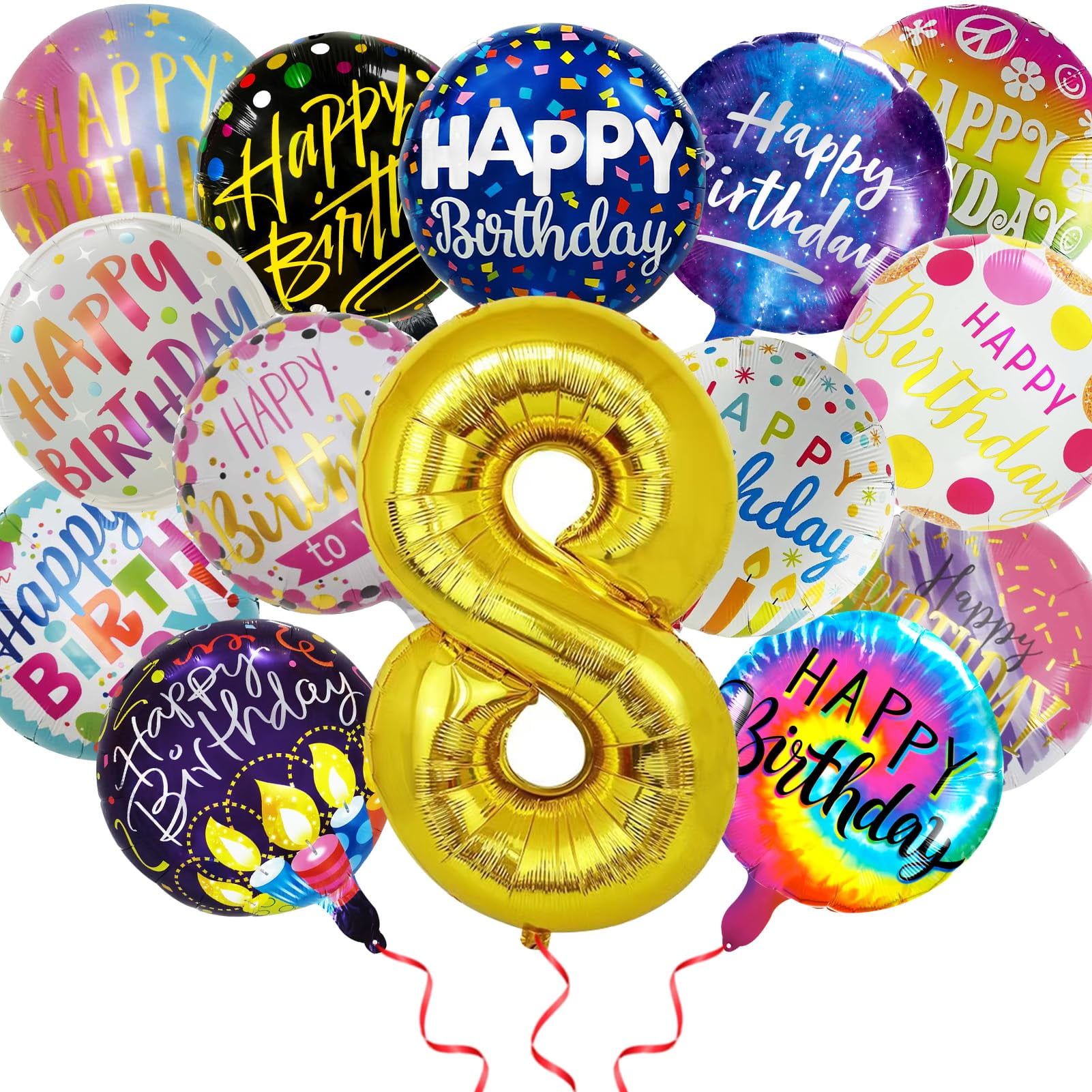50 Pcs Happy Birthday Party Aluminum Foil Balloons and 8th Birthday ...