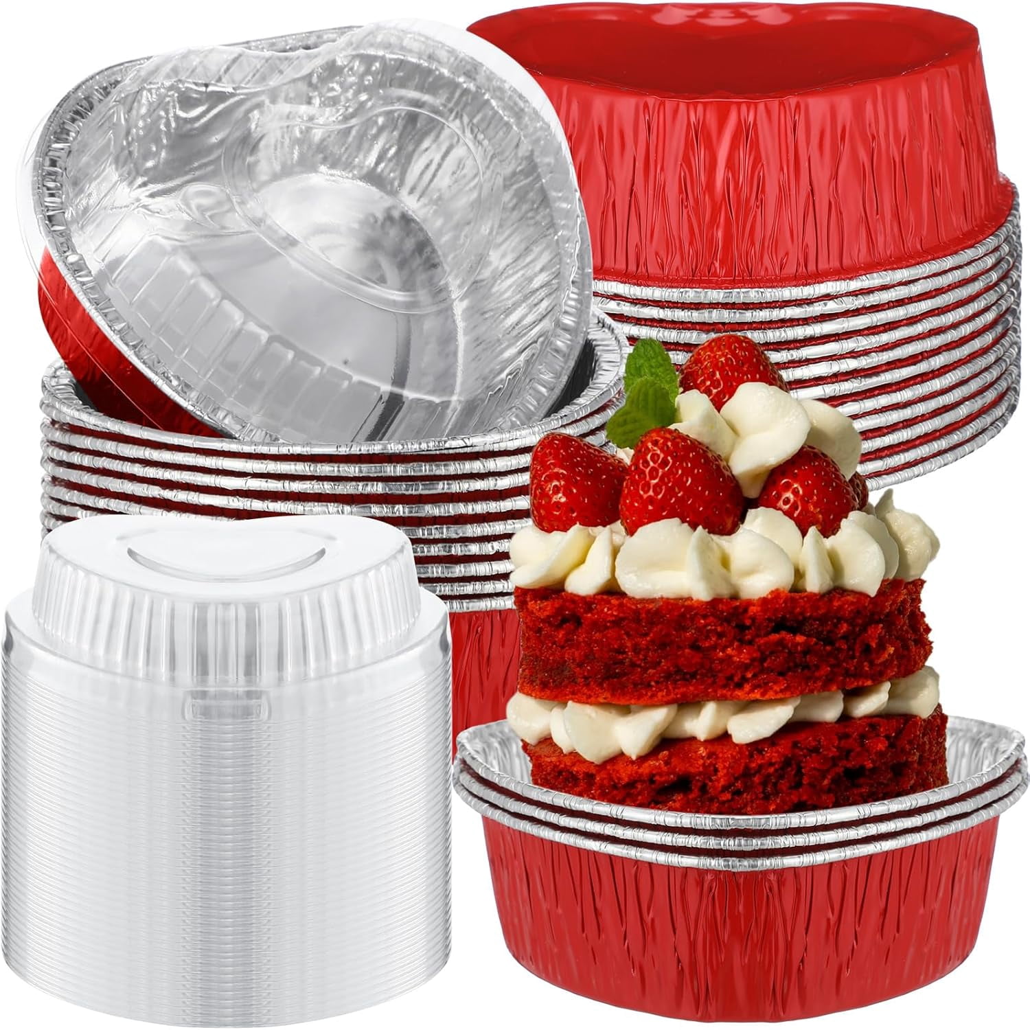 50 Pcs Heart Shaped Cake Pans for Baking with Lids 6 oz / 180ML ...